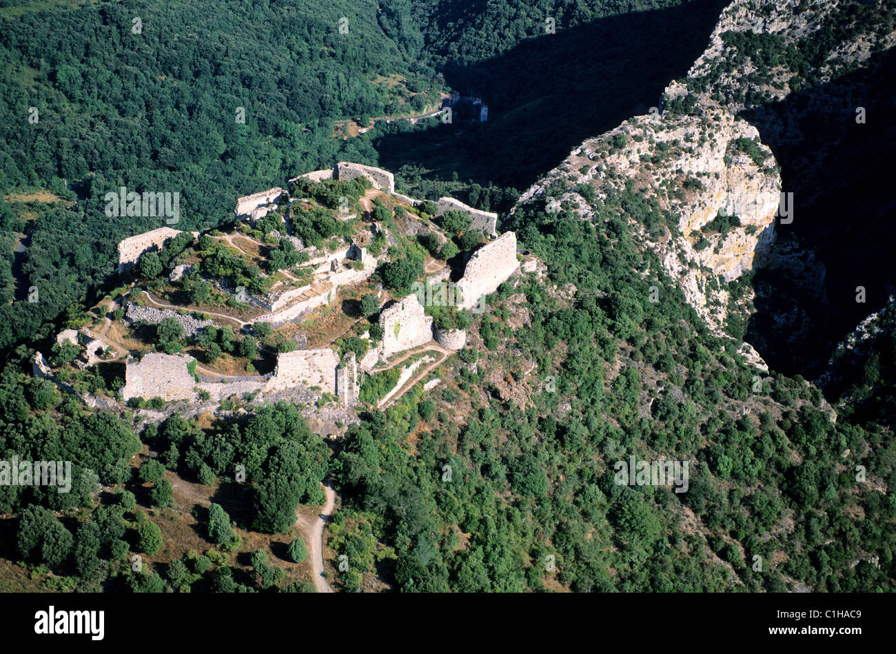 France, Aude, cathar castle of Termes in the Corbieres forest (aerial ...
