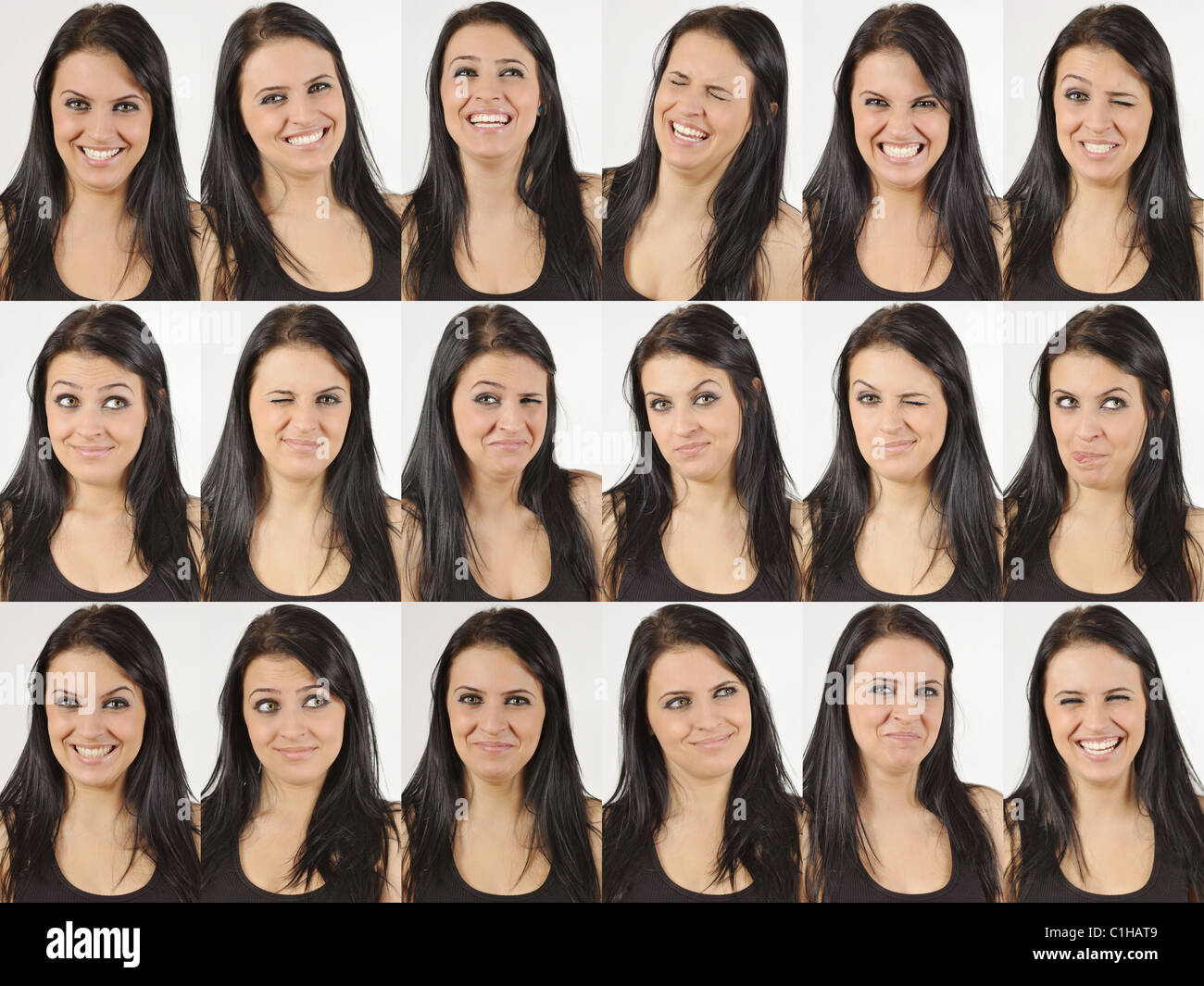 Series of head portraits of a happy and laughing natural young woman ...