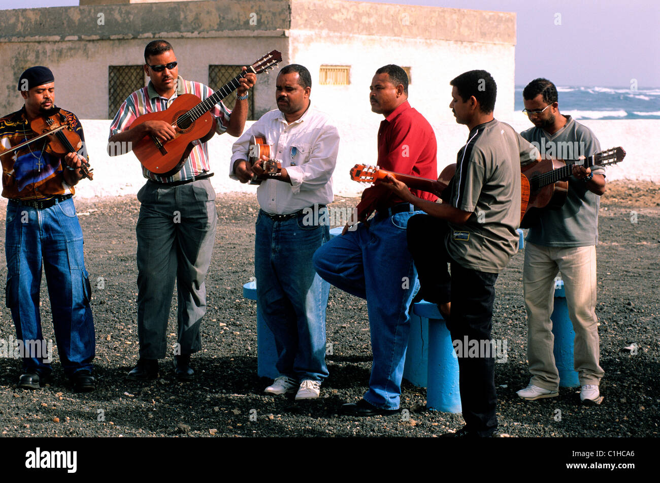 Cape Verde Islands, Sao Vicente Island, musicians at the Calhau beach ...