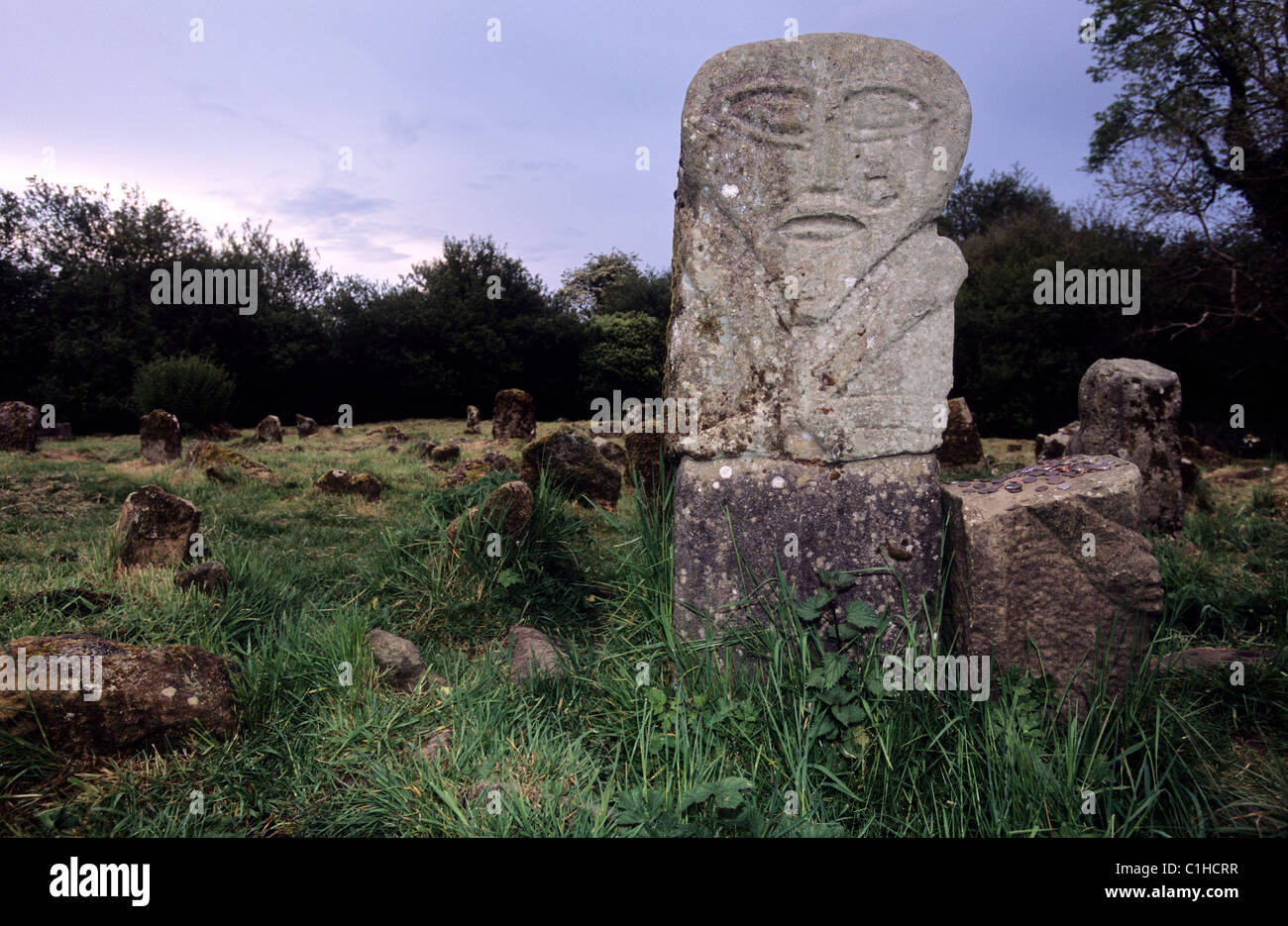United Kingdom, Northern Ireland, Lough Erne, bronze age statue on Boa ...