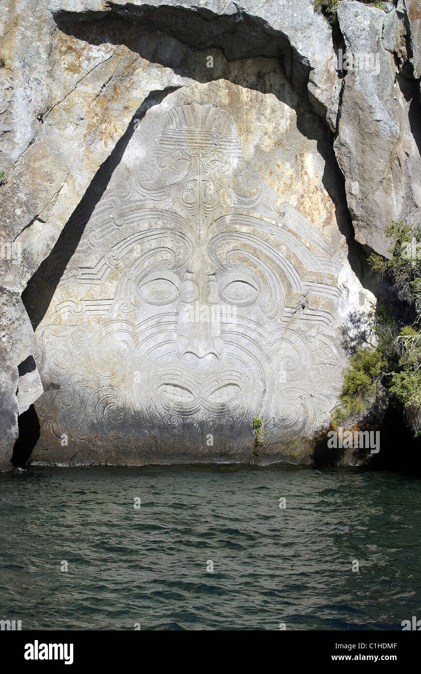 New Zealand, North Island, Lake Taupo, Maori rock carvings Stock Photo ...