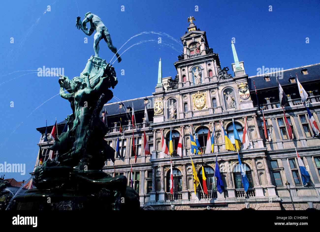 Belgium, Flanders, Antwerp, Grote Markt, Brabo Statue and the Town Hall ...