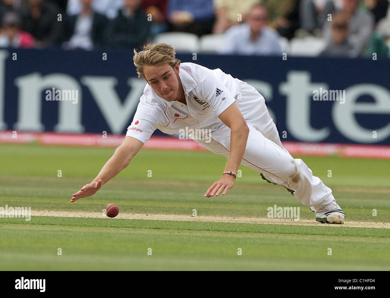 Stuart Broad fields off his own bowling during the England V Australia ...