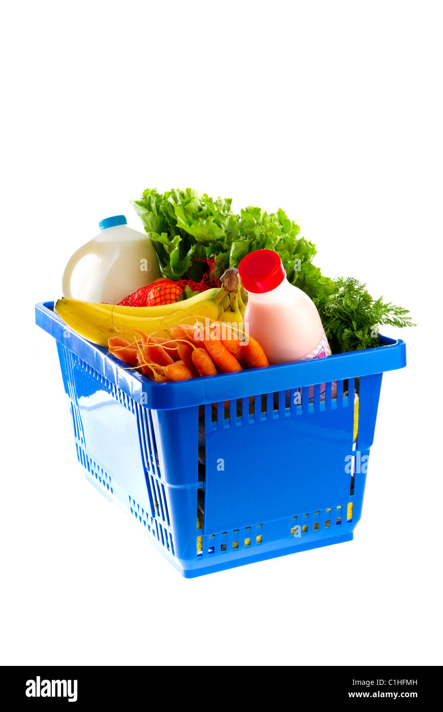 Blue shopping basket with dairy food from the supermarket Stock Photo ...
