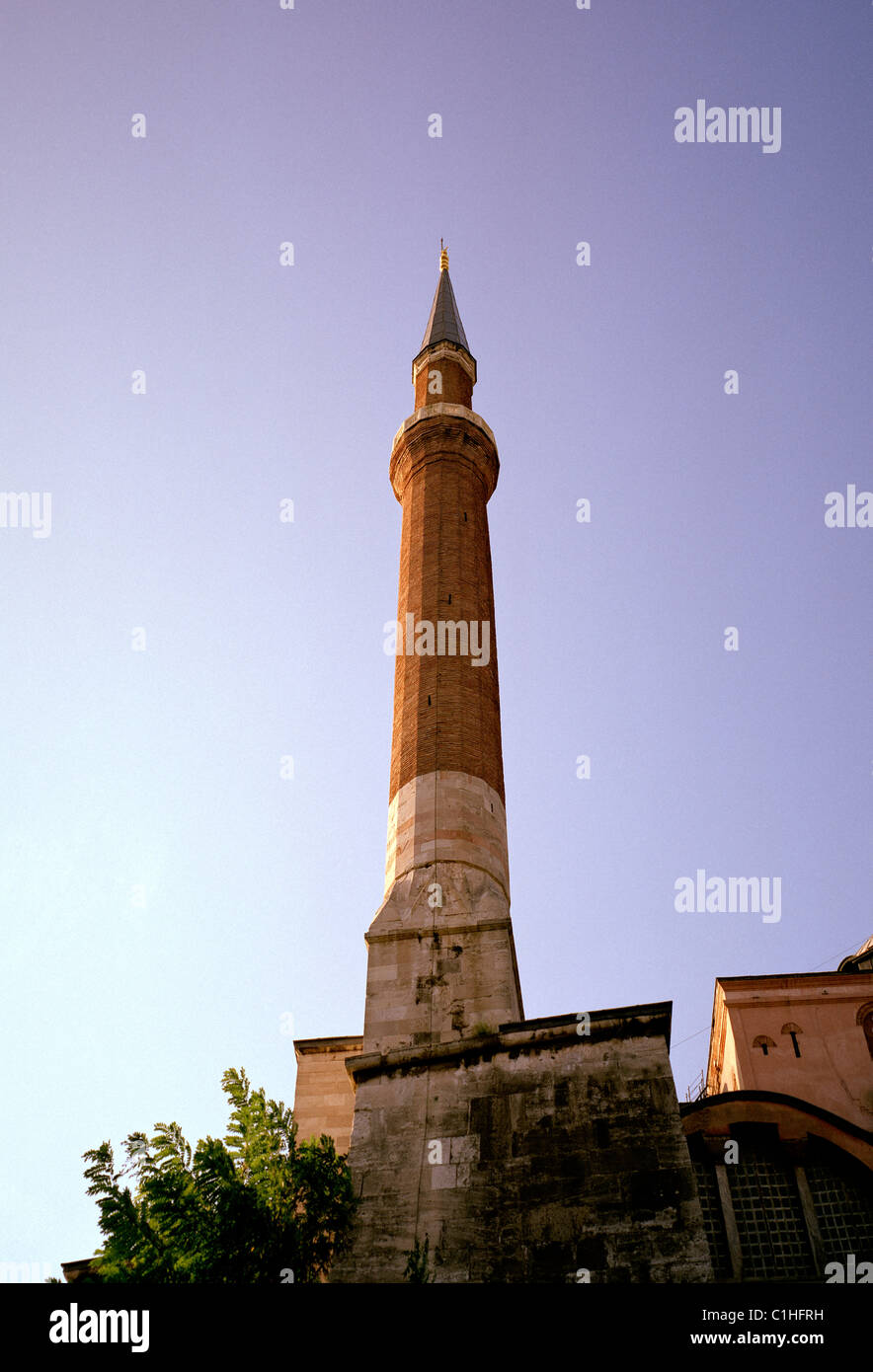 The brick minaret of the Aya Sofya Hagia Sophia in Sultanhamet Istanbul ...