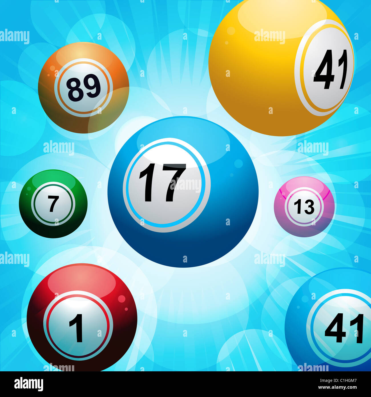 Flying bingo balls on a glowing blue background Stock Photo - Alamy