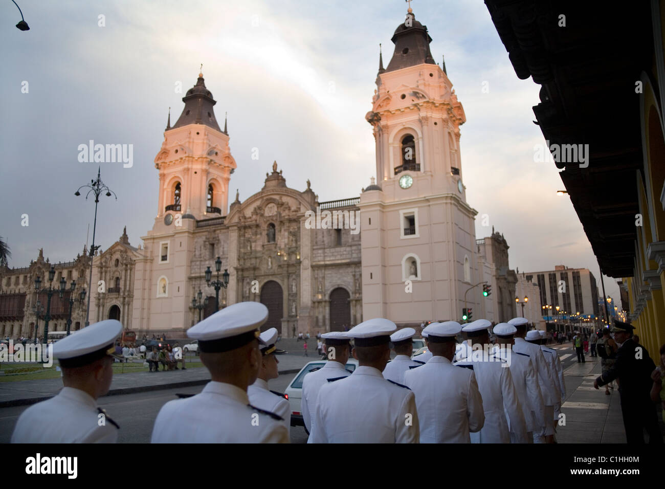 Line of Peruvian police cadets walking at Plaza de Armas in Lima Peru ...