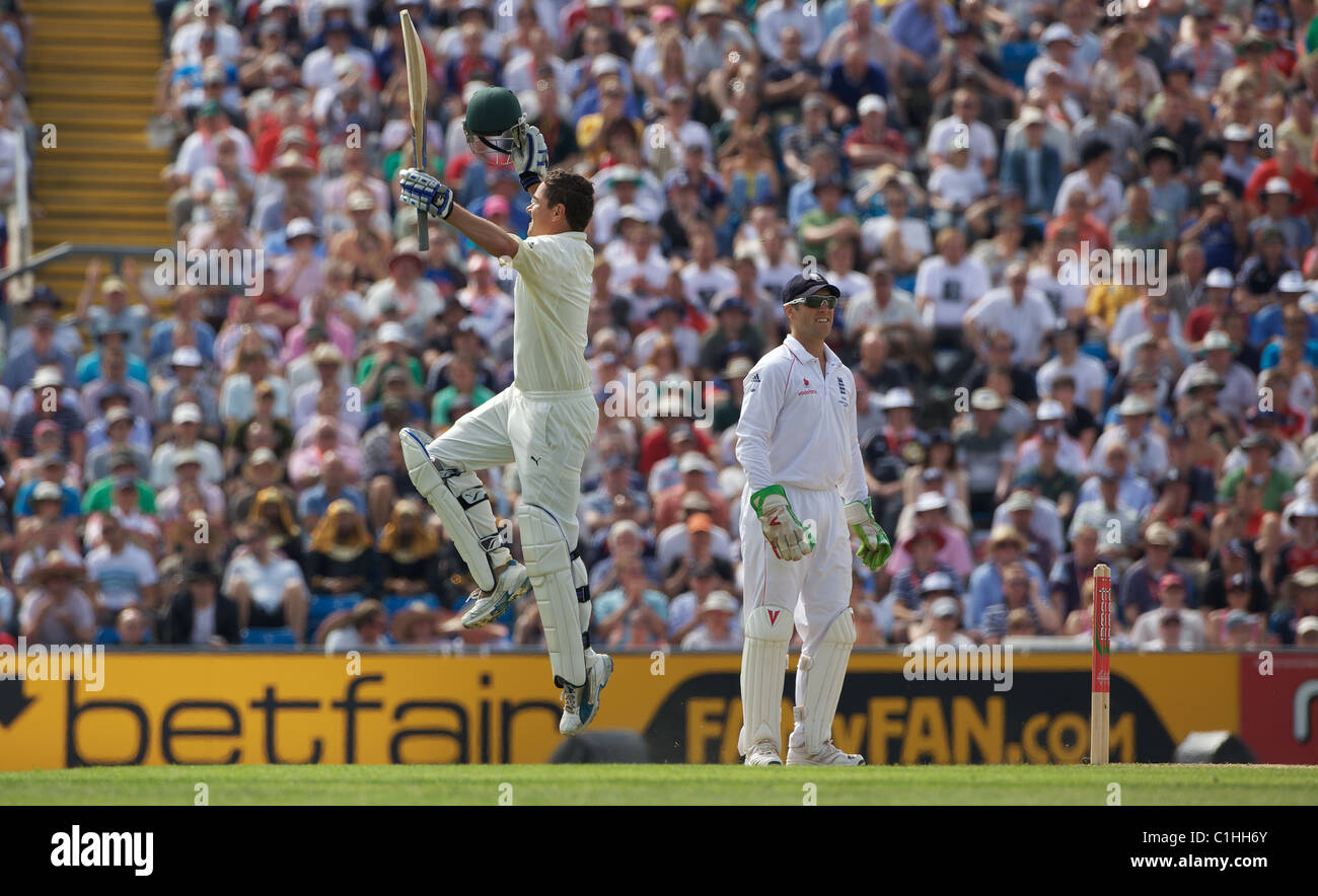Marcus North brings up his century with a six and celebrates during the ...