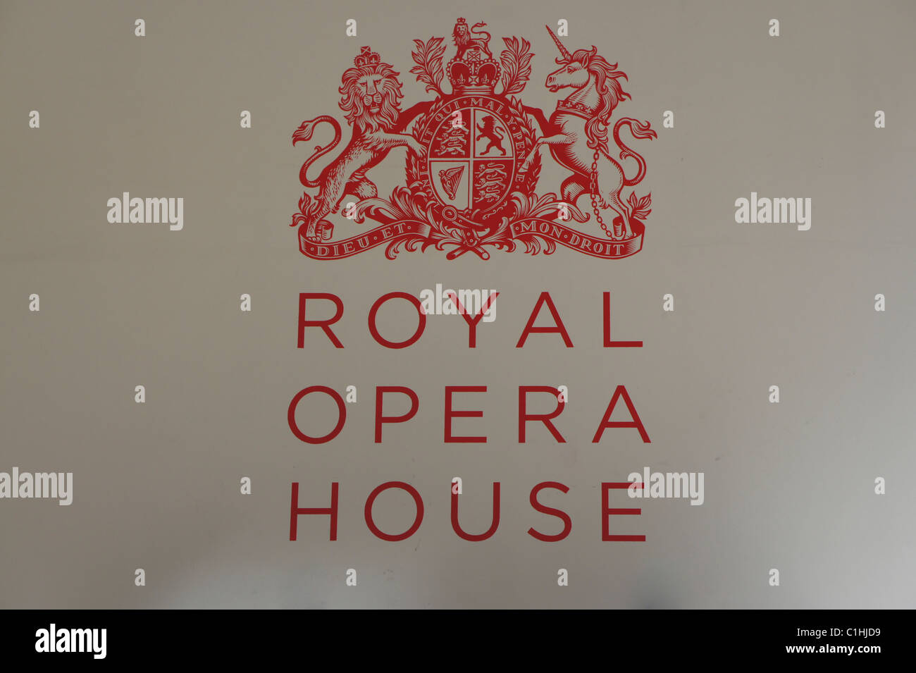 Royal Opera House sign, crest at entrance as seen from Covent Garden ...