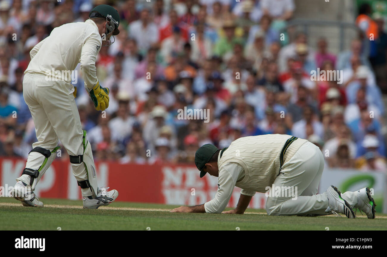 Ricky Ponting is hit in the face from a Matt Prior shot during the ...