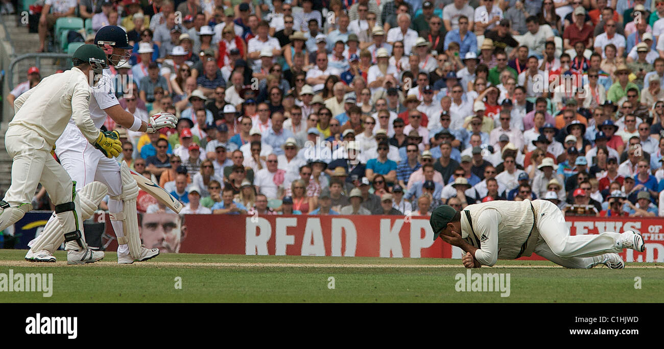 Ricky Ponting is hit in the face from a Matt Prior shot during the ...