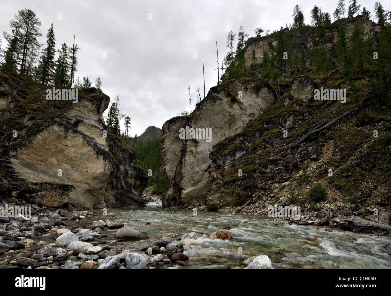 Canyon (ravine) on mountain river Yamangol. Eastern Sayan mountains ...