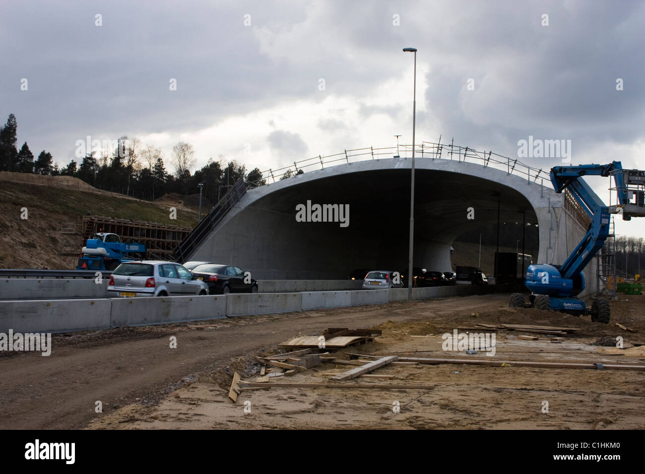 The building of an ecoduct over the highway A1 near Apeldoorn, the ...