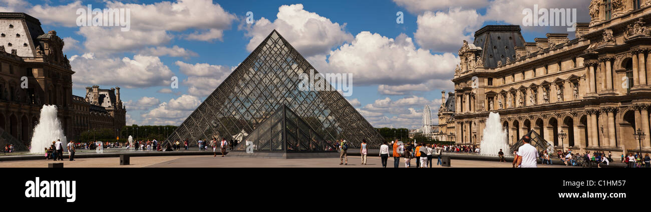 Panorama of Louvre, glass pyramid, Richelieu building, fountains ...