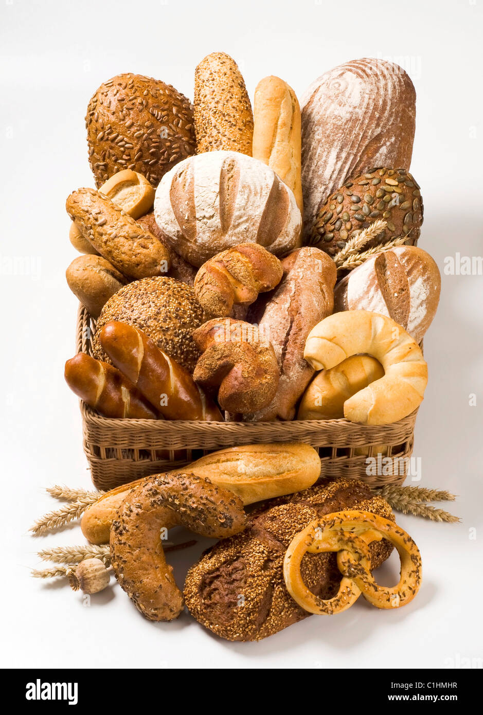 Variety of baked products in a basket Stock Photo - Alamy