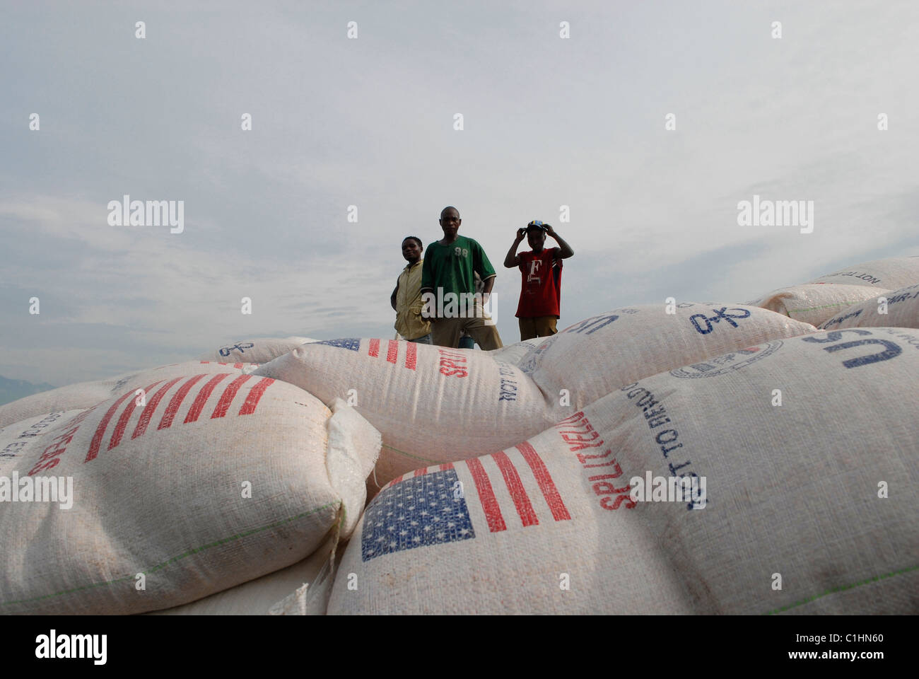 Large sacks of basic foodstuff donated by USAID at World Food Programme ...