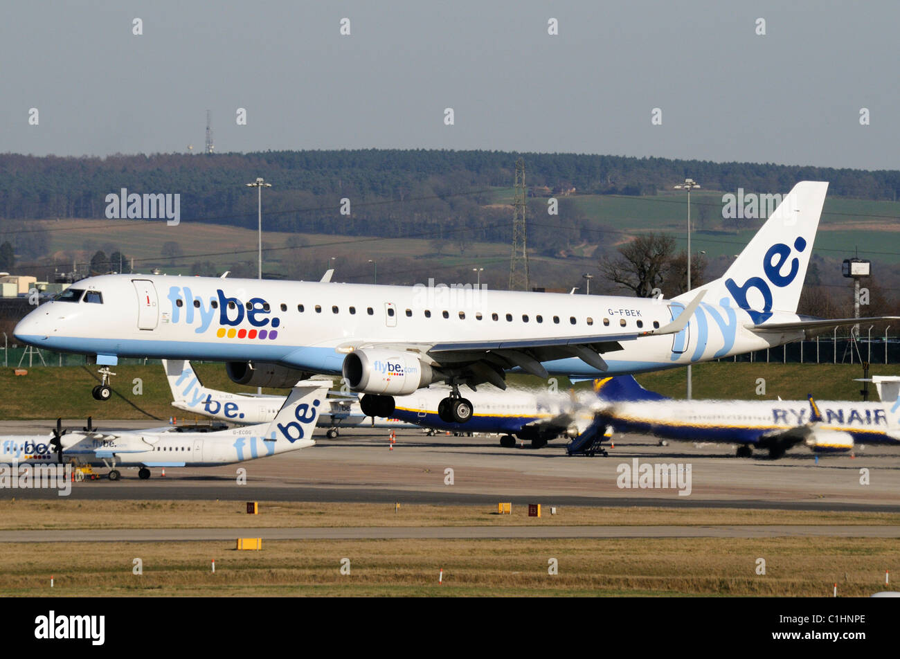 Flybe Embraer ERJ190 arriving at Birmingham International Airport Stock ...