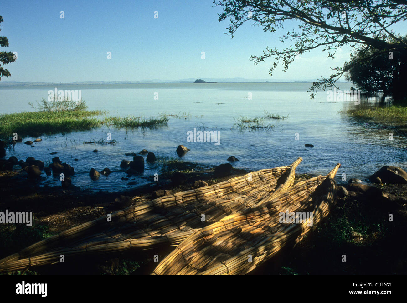 Reed boats on shore of Lake Awasa in Ethiopia's Rift Valley Stock Photo ...