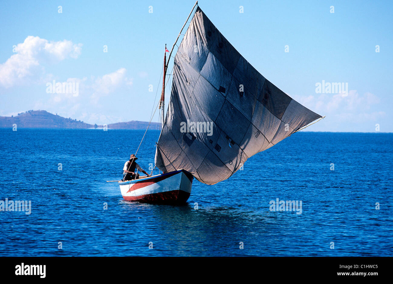 Peru, Puno Department, Titicaca's Lake, a traditional boat Stock Photo ...