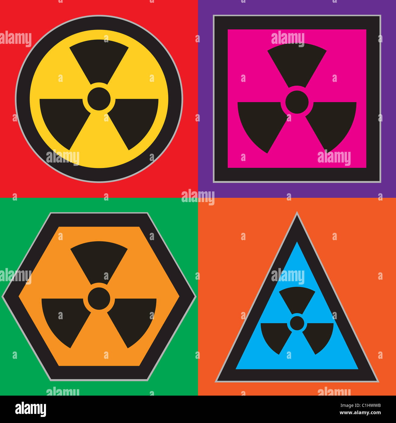 Set of Nuclear warning symbols, traditional yellow circle, pink square ...