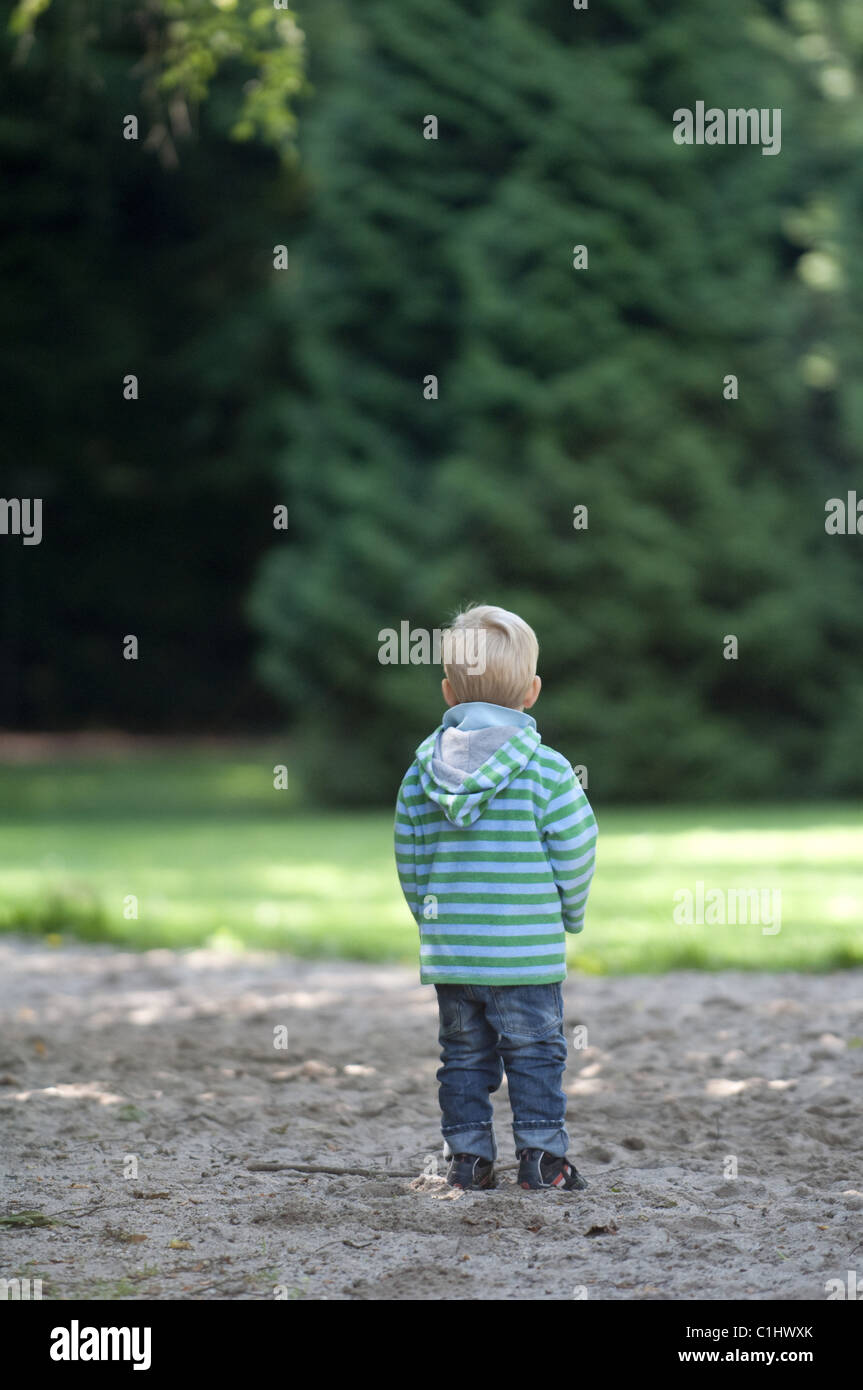 Blond boy standing in forest, back view Stock Photo - Alamy