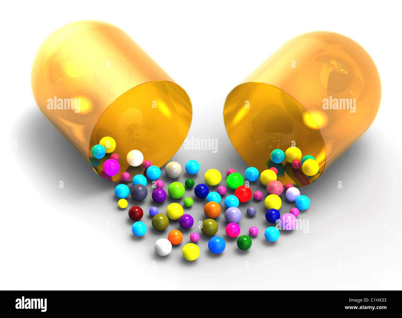 Colored balls spilling from the open medical capsule isolated on white ...