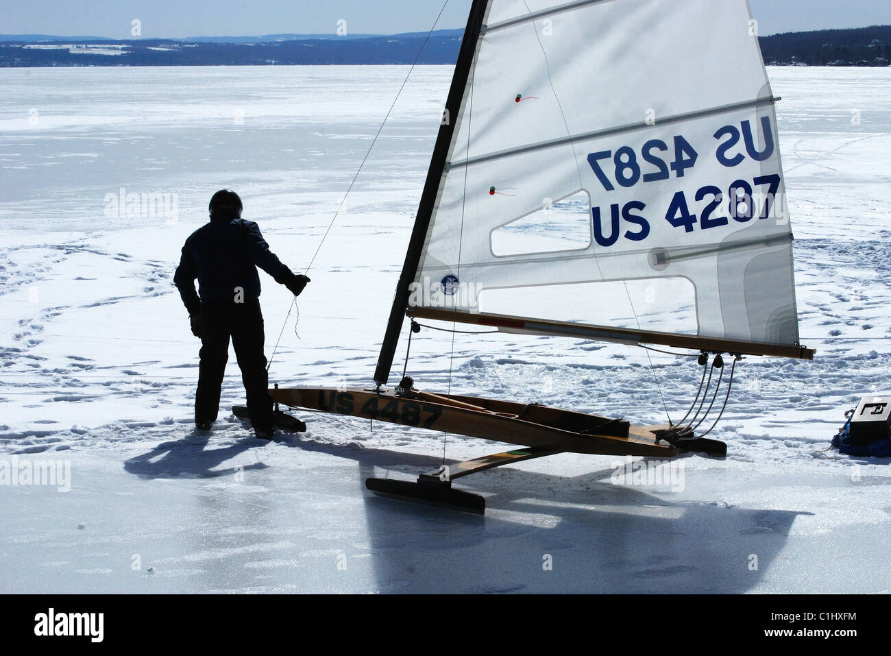 Ice boat is pulled to position for sail Stock Photo - Alamy