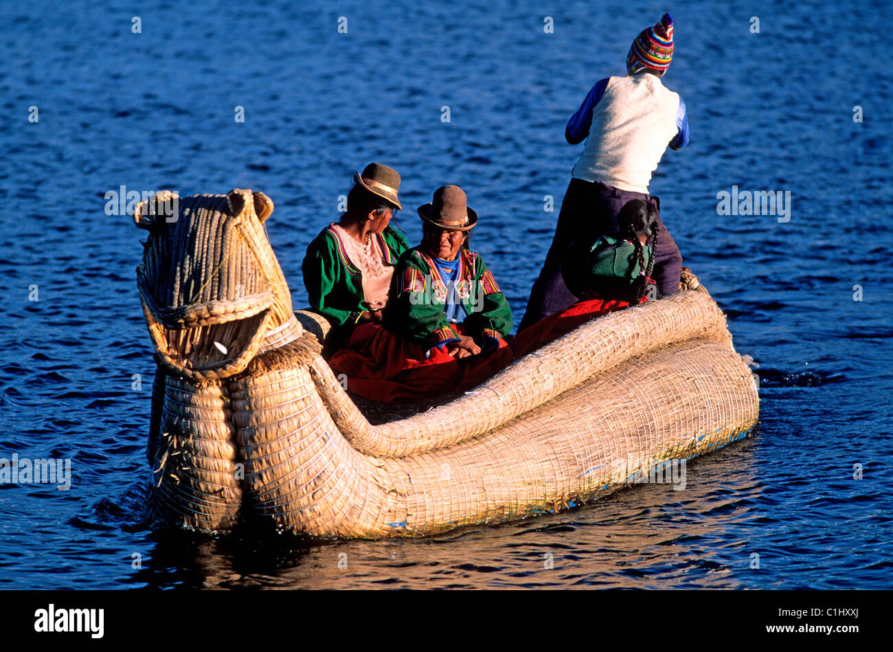 Peru, Puno Department, Lake Titicaca, traditional boat made with reed ...