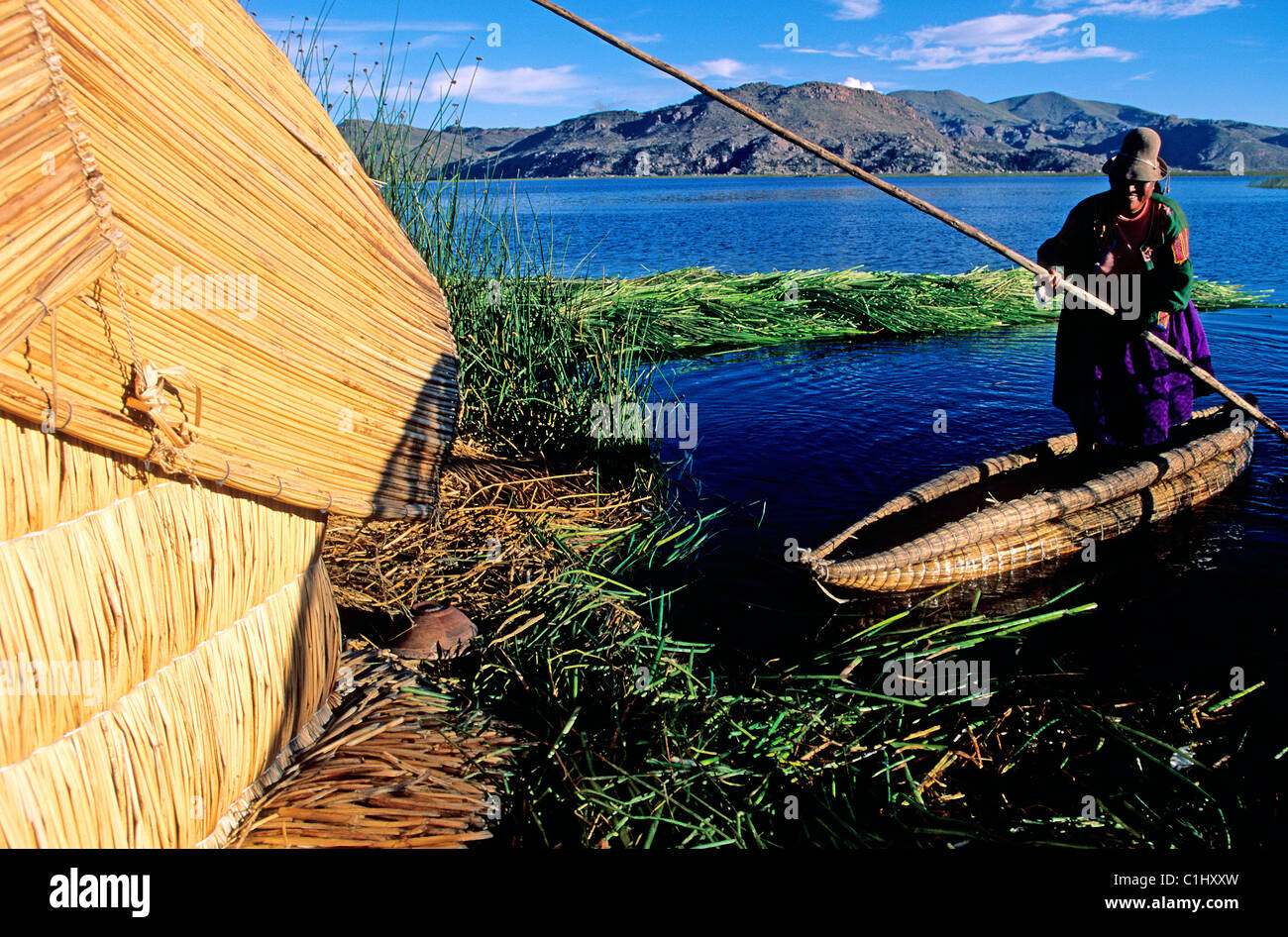 Peru, Puno Department, floating Islands made with reed on Lake Titicaca ...