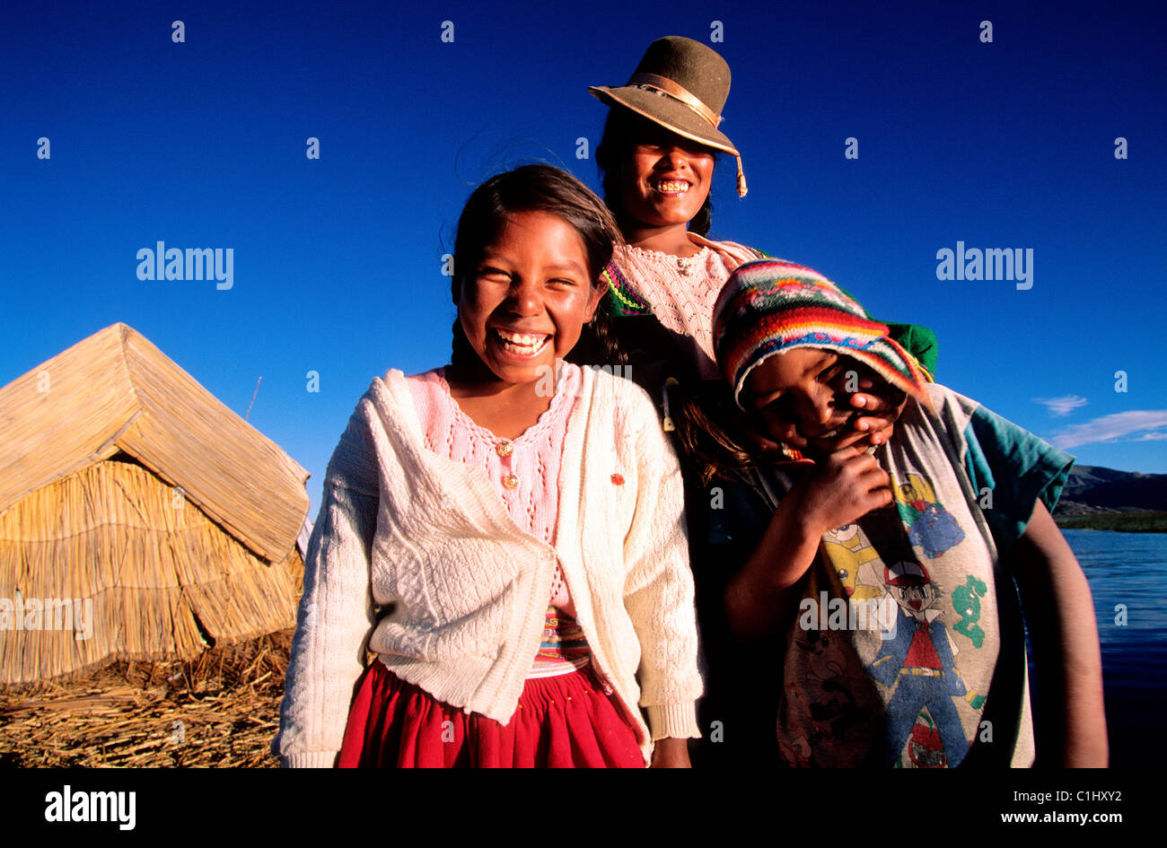 Peru, Puno Department, Lake Titicaca, Uros Indians living on floating ...