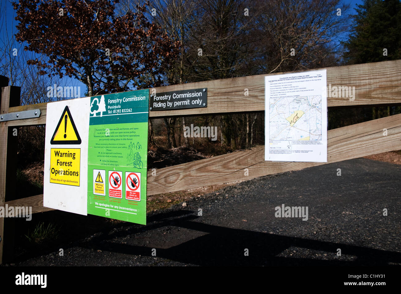 Warning signs on a gate, which leads into a Forestry Commision ...