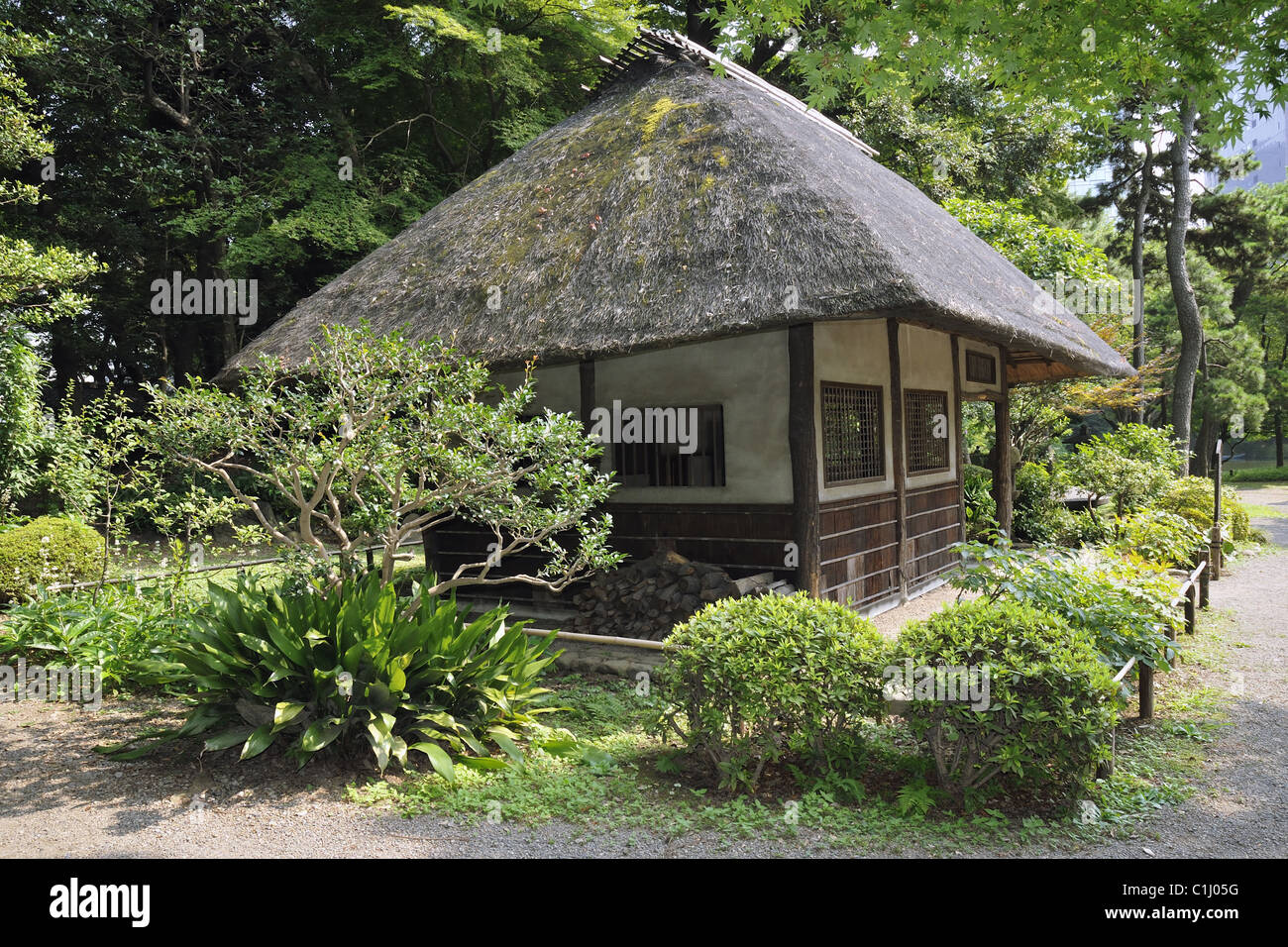 exterior of traditional Japanese hut with straw roof in natural ...