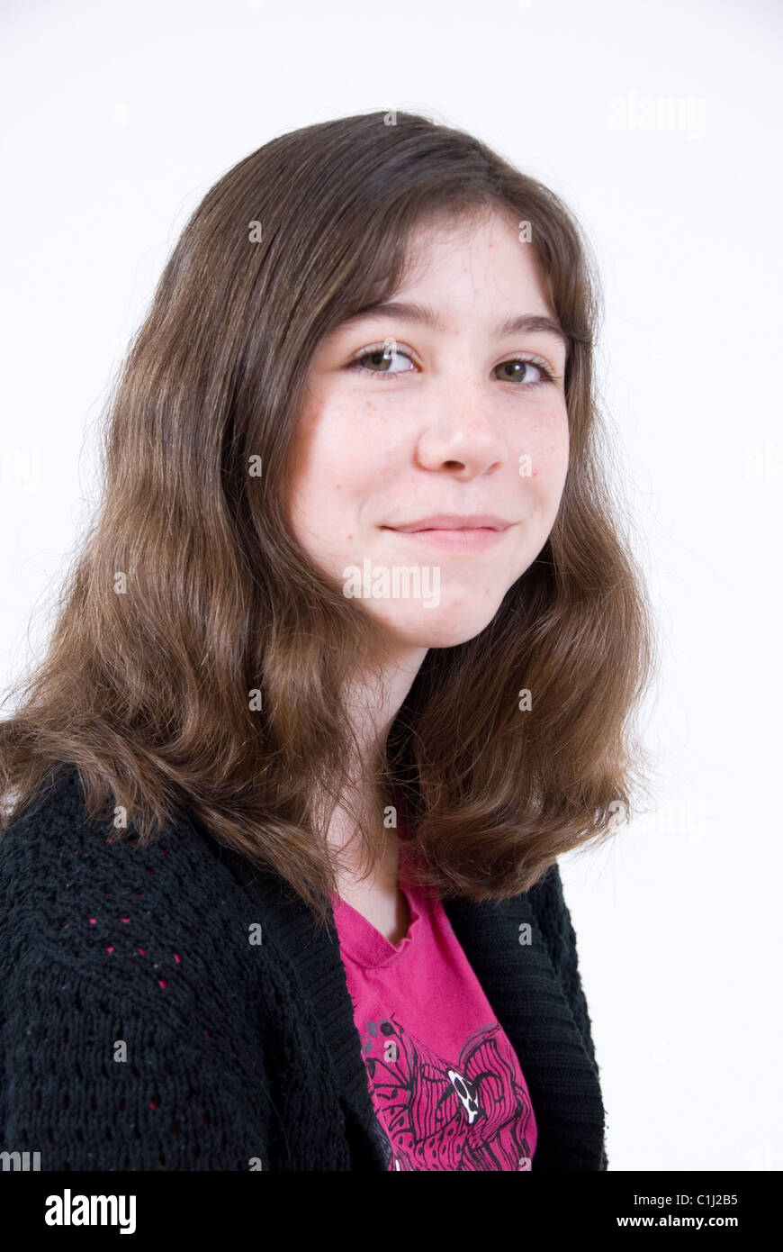 Studio Portrait of a Young Teenage Girl Smiling, Cut Out on White Stock ...