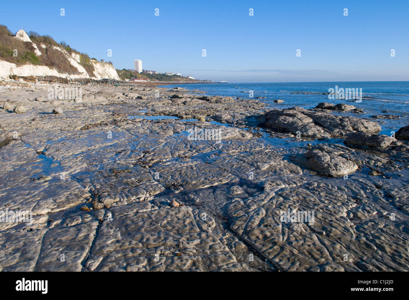 Cow Gap foreshore at low tide looking towards Eastbourne, East Sussex ...