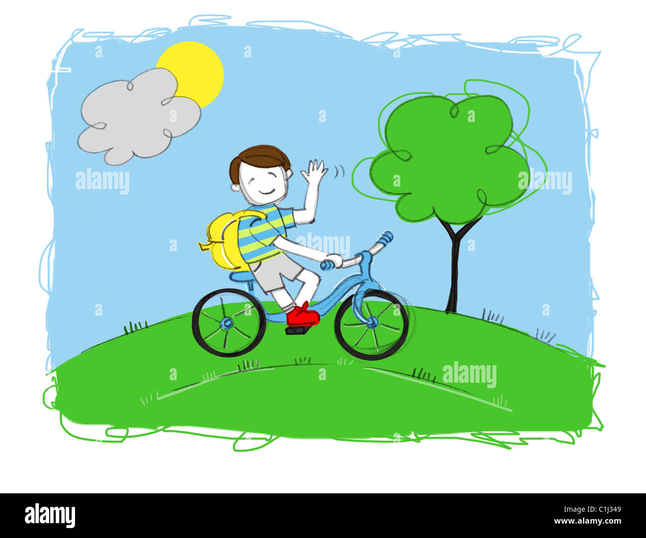 Illustration of Boy Riding a Bike Stock Photo - Alamy