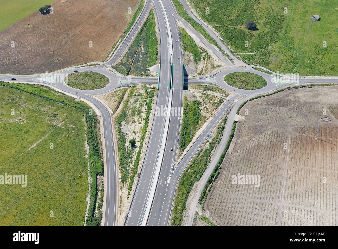 Aerial View of Highway with Traffic Roundabout, Cadiz Province ...