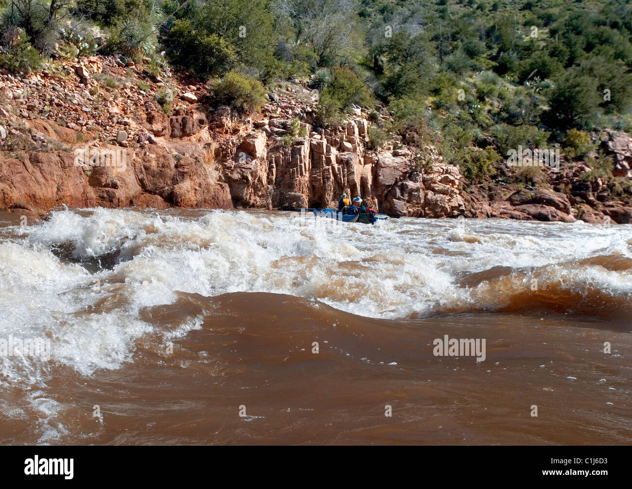 A couple rafting on the Salt River in Arizona, USA on a pontoon boat ...