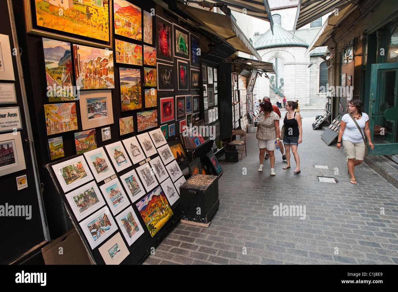 Quebec City, Quebec, Canada. Artwork exhibits displays along Rue du ...