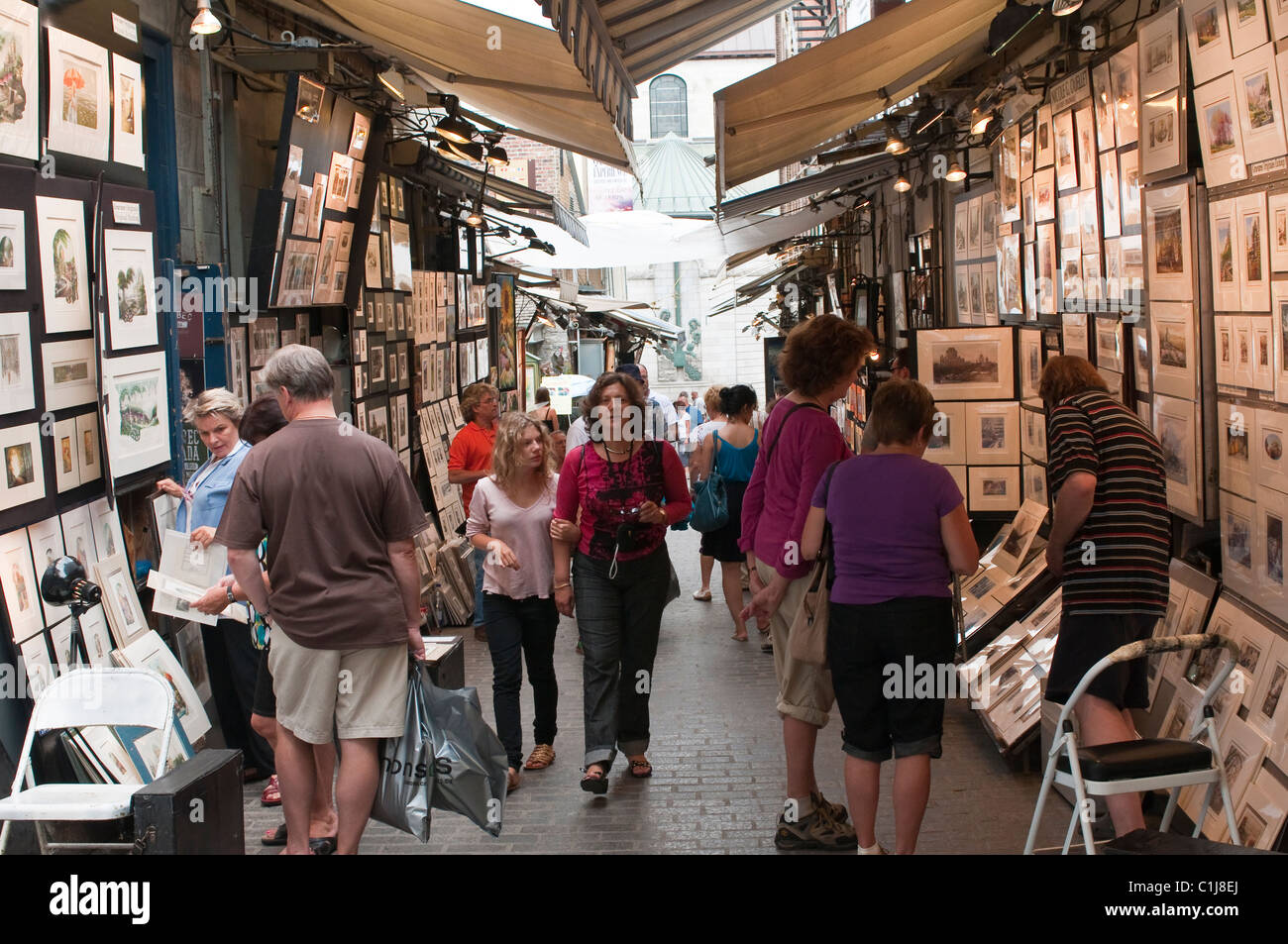 Quebec City, Quebec, Canada. Artwork exhibits displays along Rue du ...