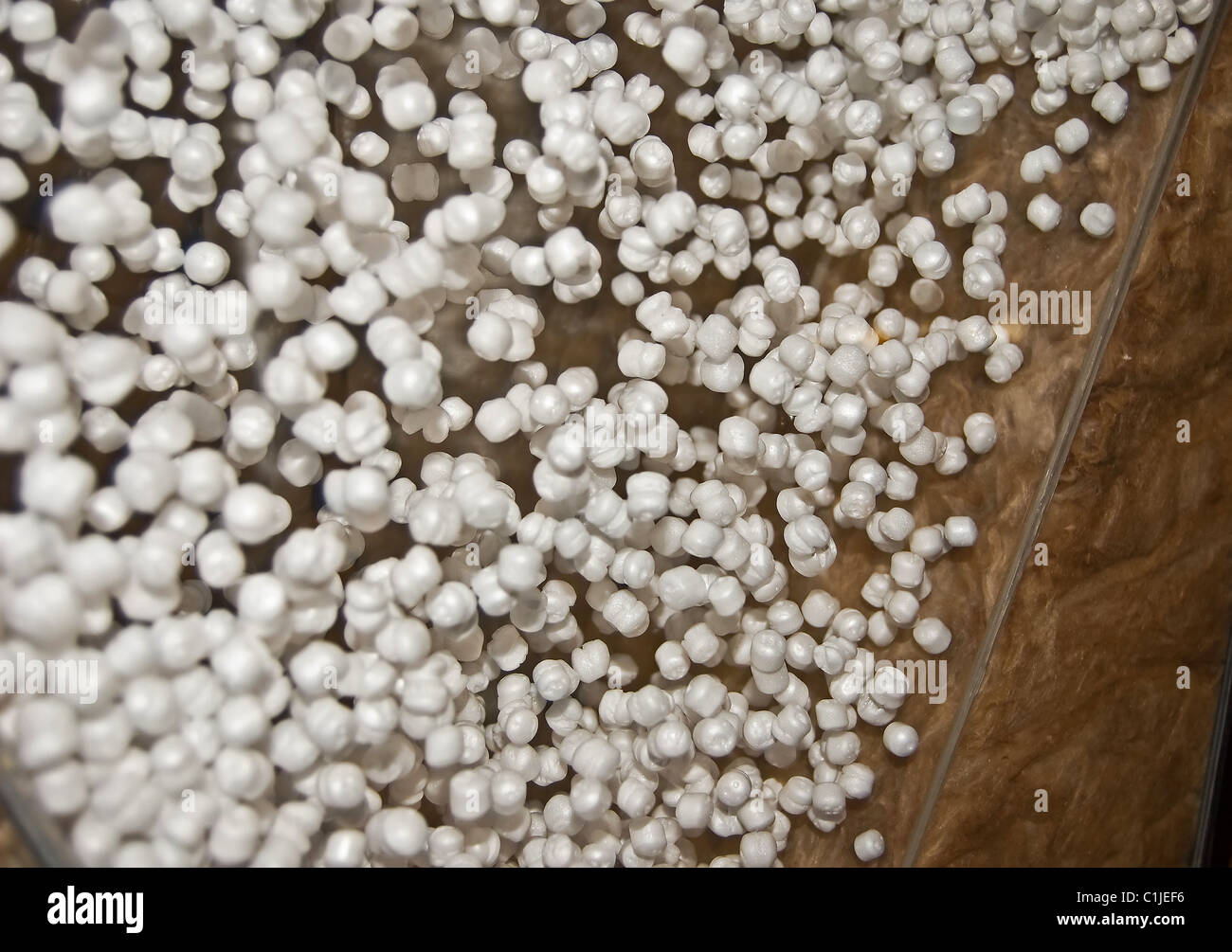 A closeup of small white Styrofoam objects used for insulation has ...