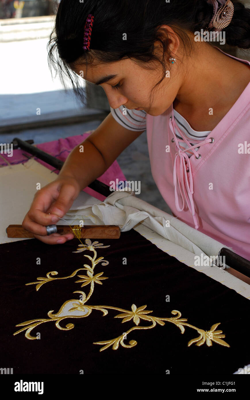 Uzbekistan, Bukhara, a workshop of embroidery in the old town Stock ...