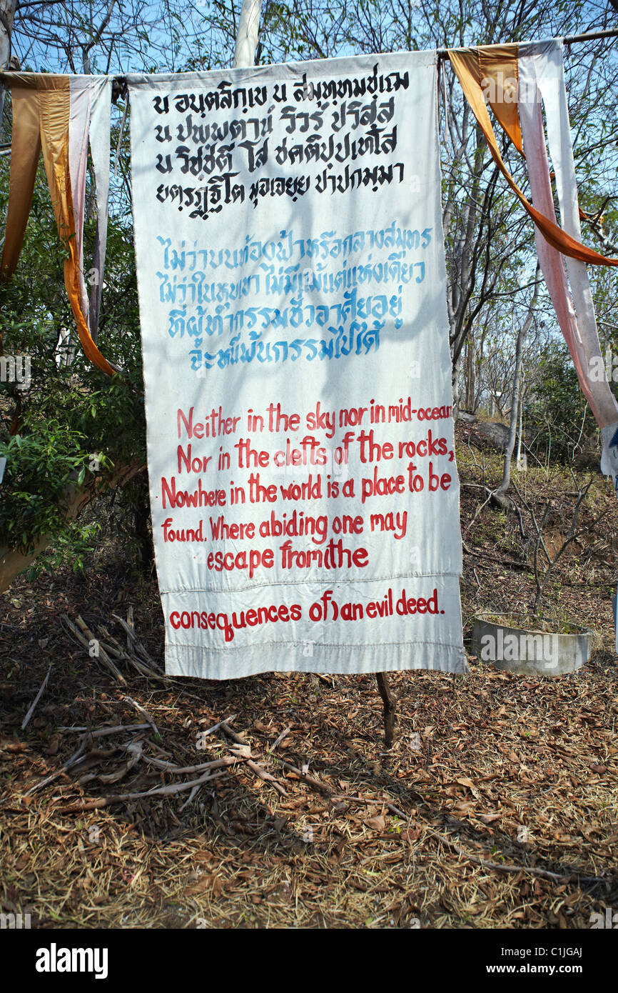 Buddhist writings and scriptures at a Thai monastery retreat. Thailand ...