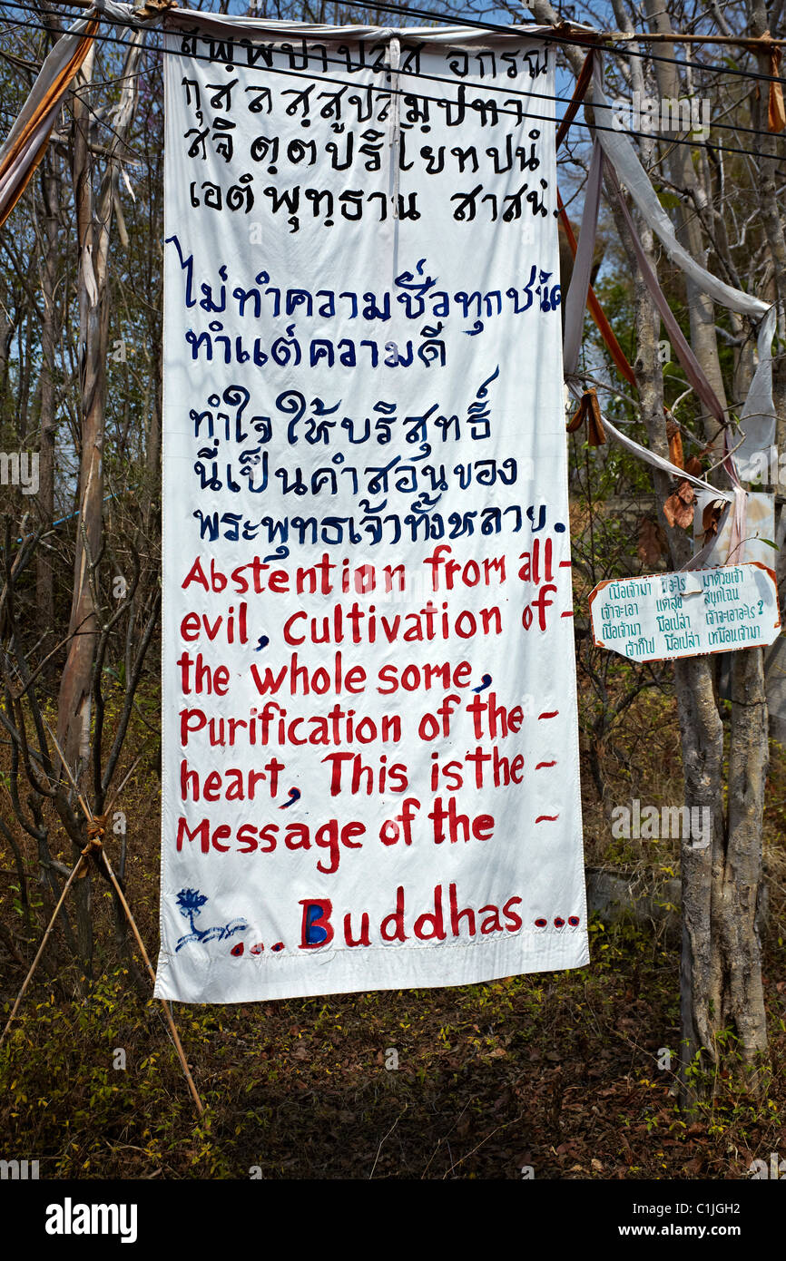 Buddhist writings and scriptures at a Thai monastery retreat. Thailand ...