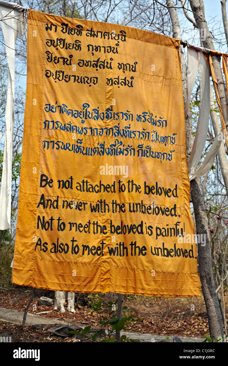 Buddhist writings and scriptures at a Thai monastery retreat. Thailand ...