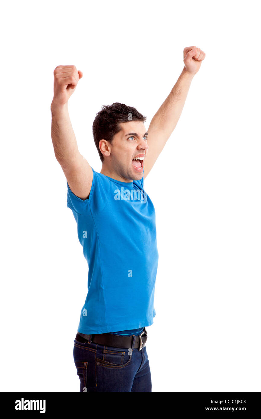 Happy young man with arms up isolated on a white background Stock Photo ...