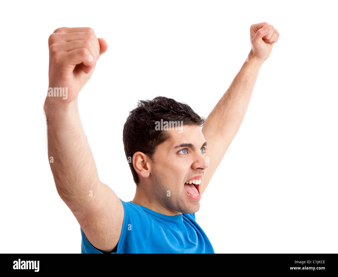 Happy young man with arms up isolated on a white background Stock Photo ...