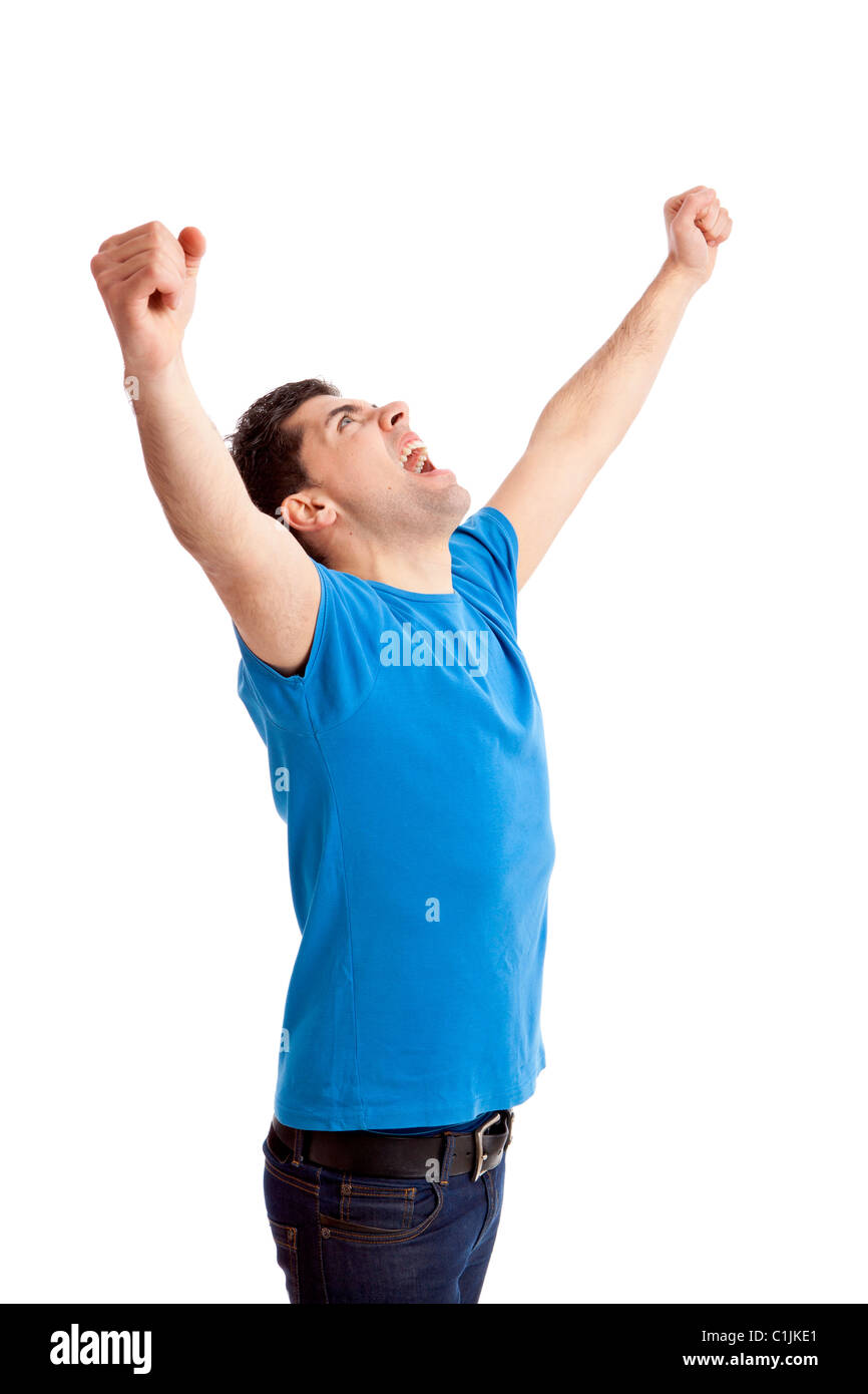 Happy young man with arms up isolated on a white background Stock Photo ...