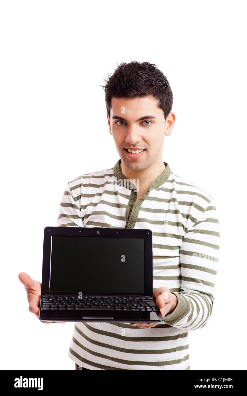 Handsome young man showing a presentation on a laptop, isolated on ...