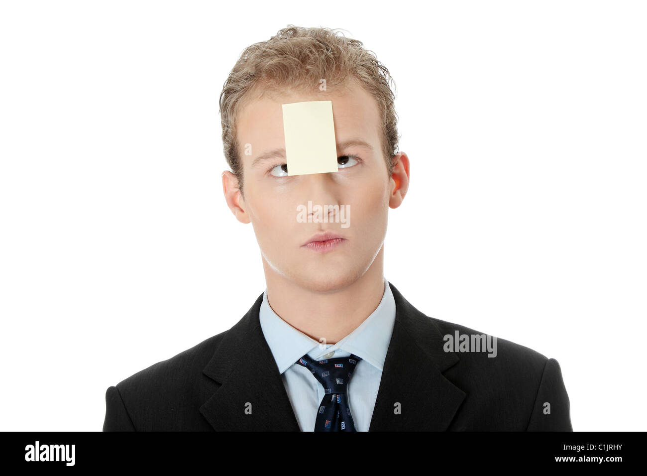 Businessman with memo stick message notes on forehead, over white ...