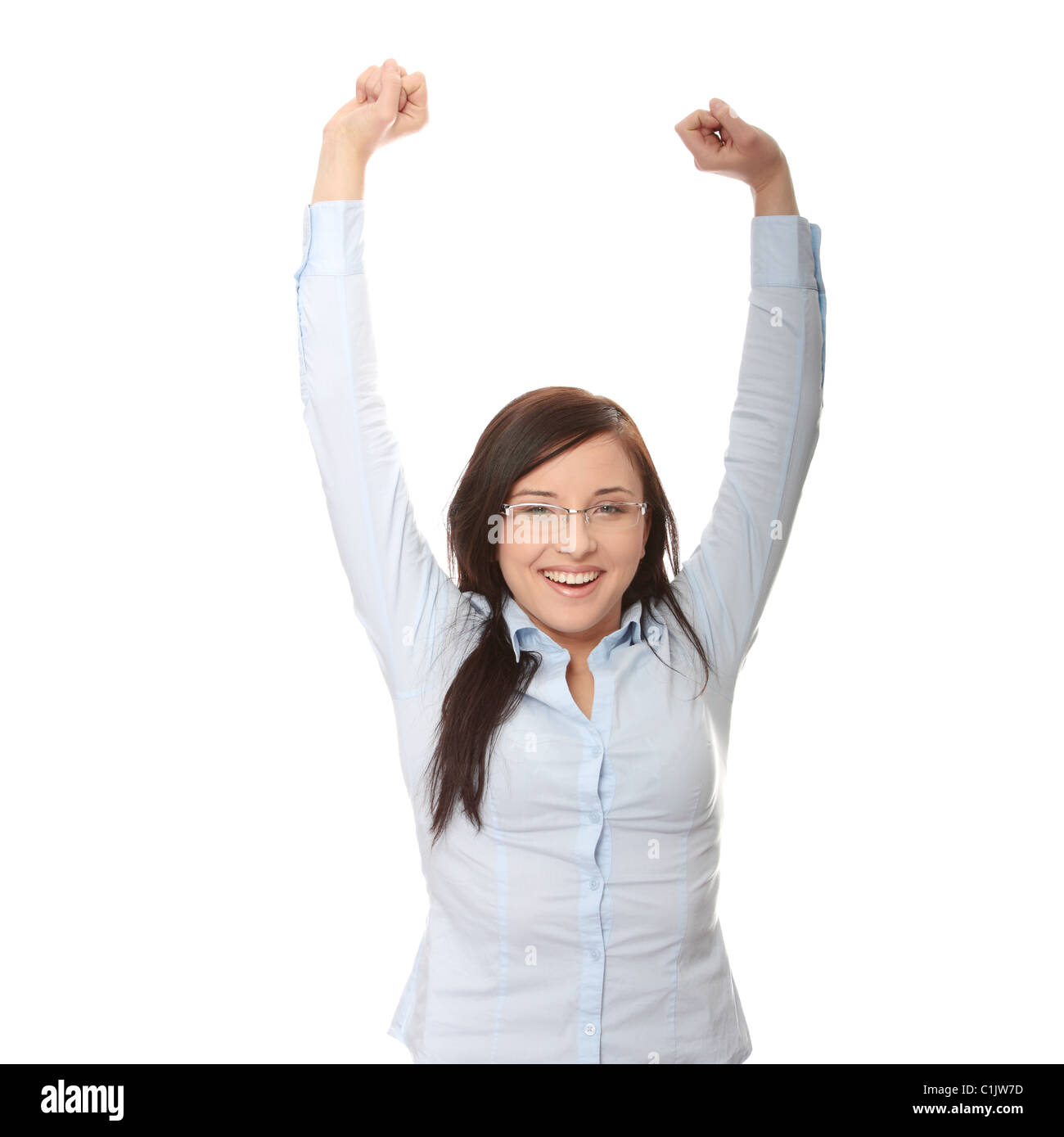 Young caucasian businesswoman with big smile and hands up, isolated on ...